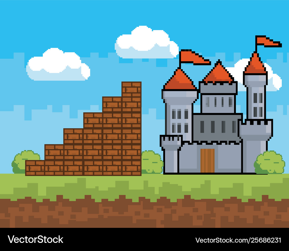 Arcade game world and pixel scene design Vector Image