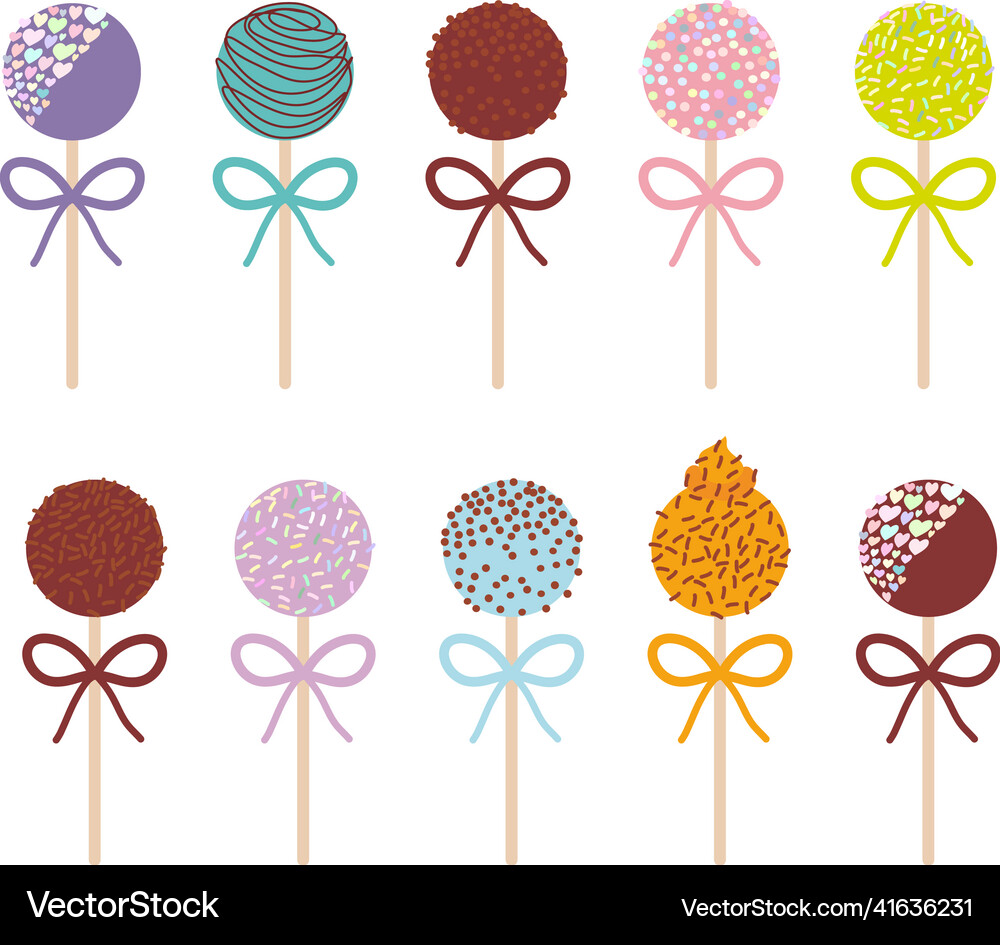 Colorful sweet cake pops set with bow isolated Vector Image