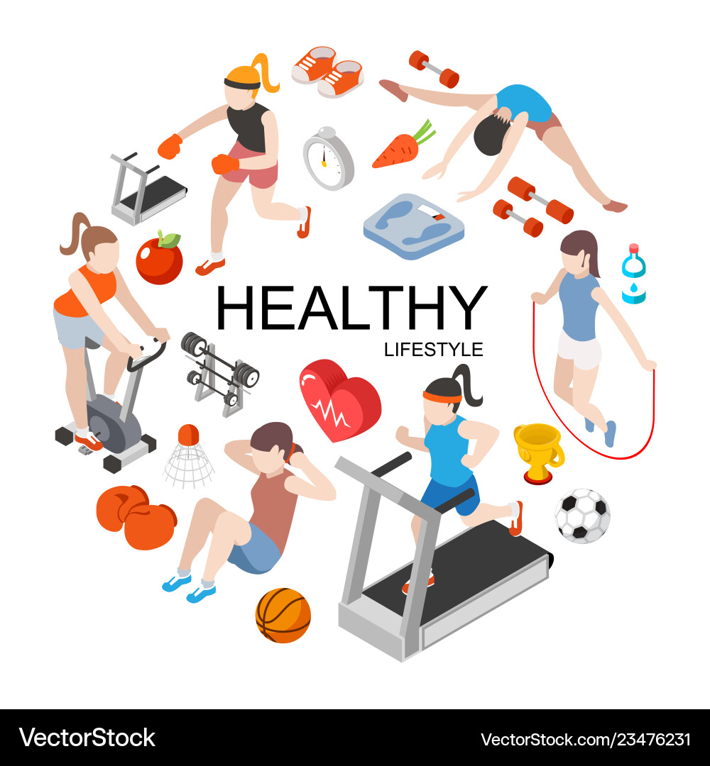 Isometric fitness round concept Royalty Free Vector Image