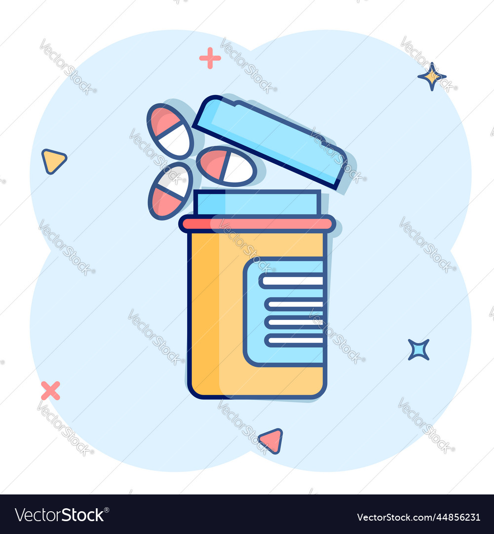 Pill bottle icon in comic style medical capsules Vector Image Pill bottle icon in comic style medical capsules Vector Image