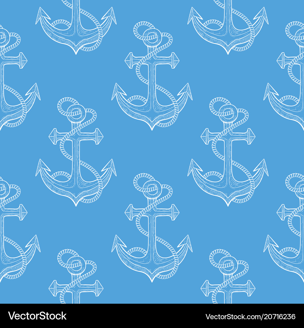 Anchor with rope hand drawn sketch on blue Vector Image