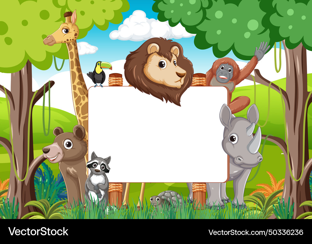 Cartoon animals around an empty white sign Vector Image