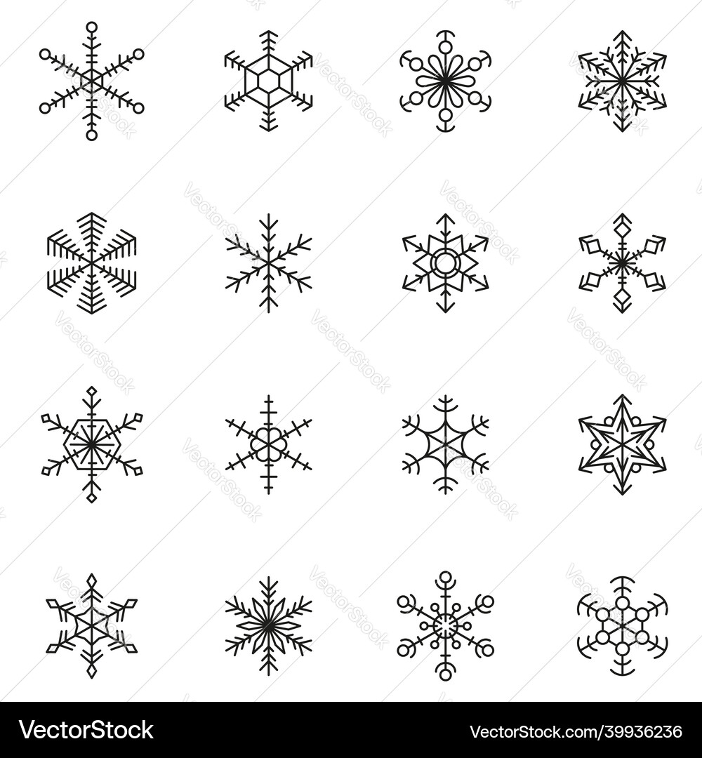 Set of 16 different silhouette geometry snowflakes