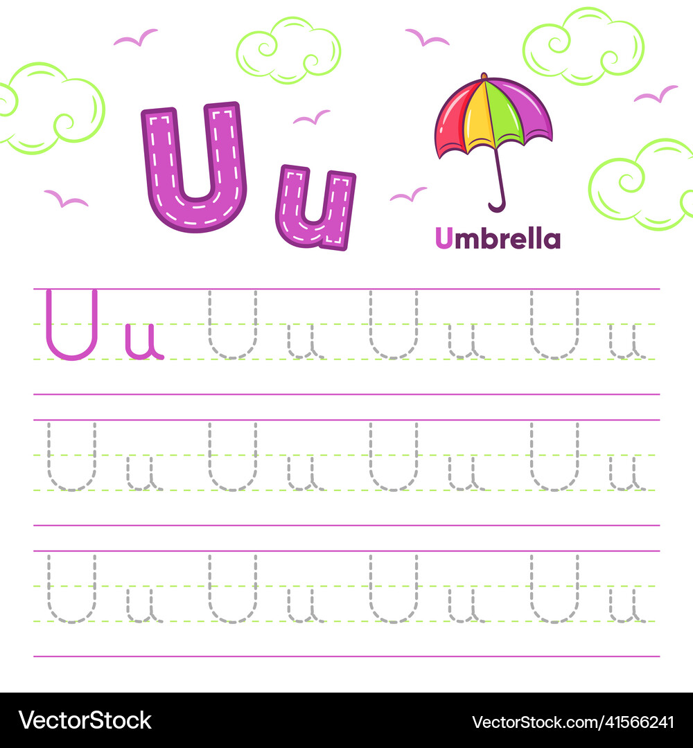 Letter U Worksheet: Umbrella Theme Royalty Free Vector Image