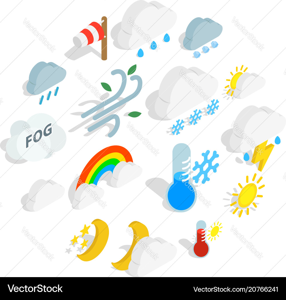 Weather icons set isometric 3d style Royalty Free Vector