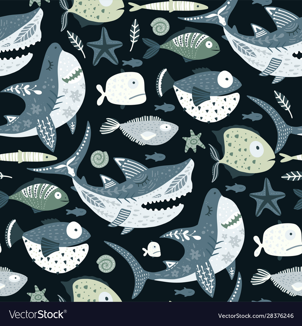 Funny shark fish pattern Royalty Free Vector Image