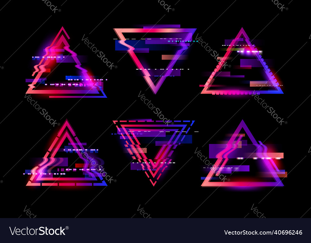 Neon glitched triangle frames digital distortion Vector Image