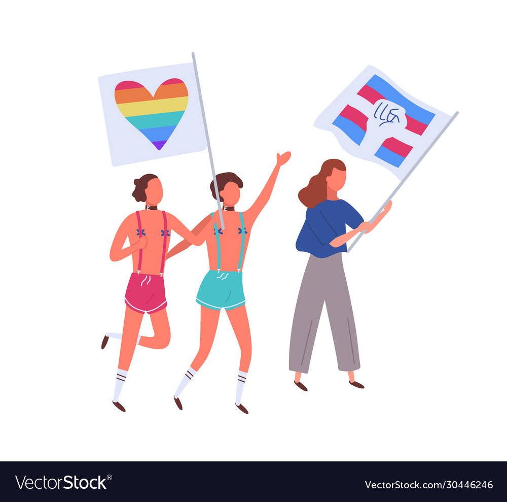People on pride parade holding rainbow and Vector Image