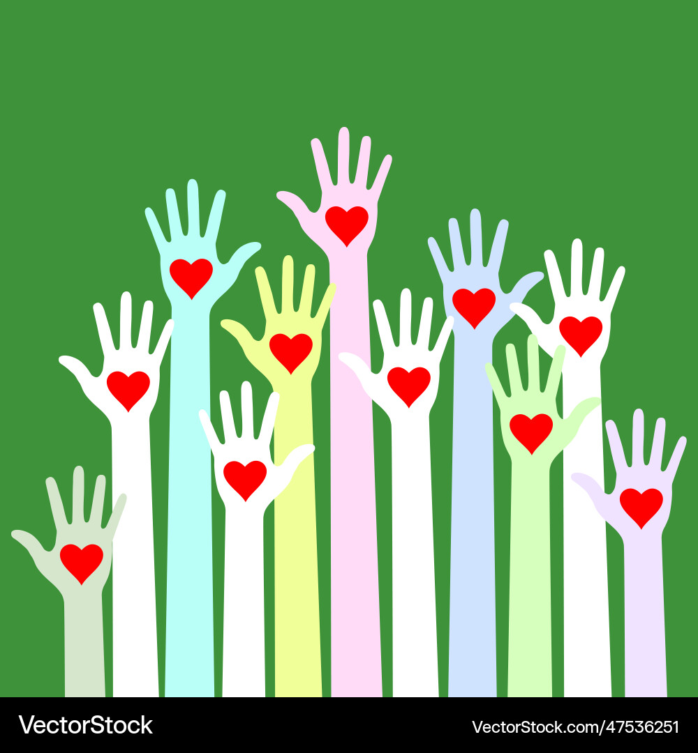 Colorful caring up hands with red hearts Vector Image