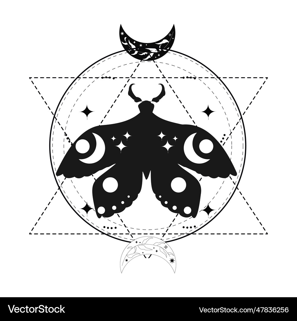 Magic mystic moth silhouette with moon in doodle Vector Image