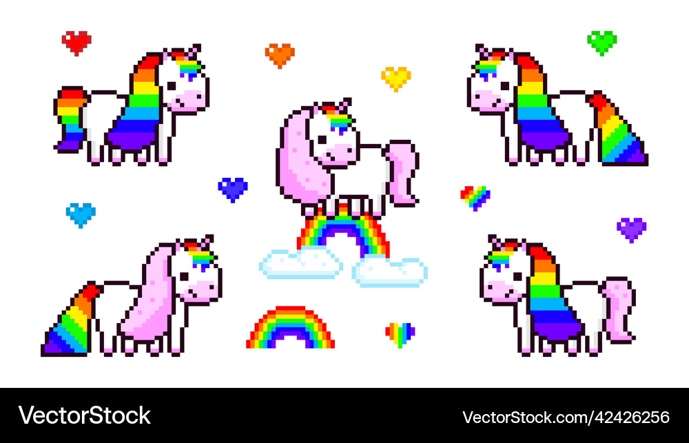 Pixel unicorns with rainbow manes Royalty Free Vector Image