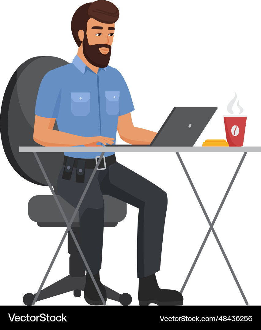 Policeman working at office table Royalty Free Vector Image