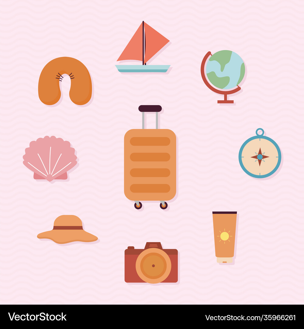 Bundle travel icons on a pink background Vector Image