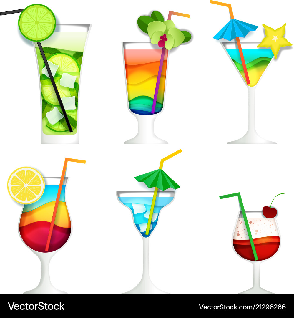 Paper cut cocktail summer drink icon set Vector Image