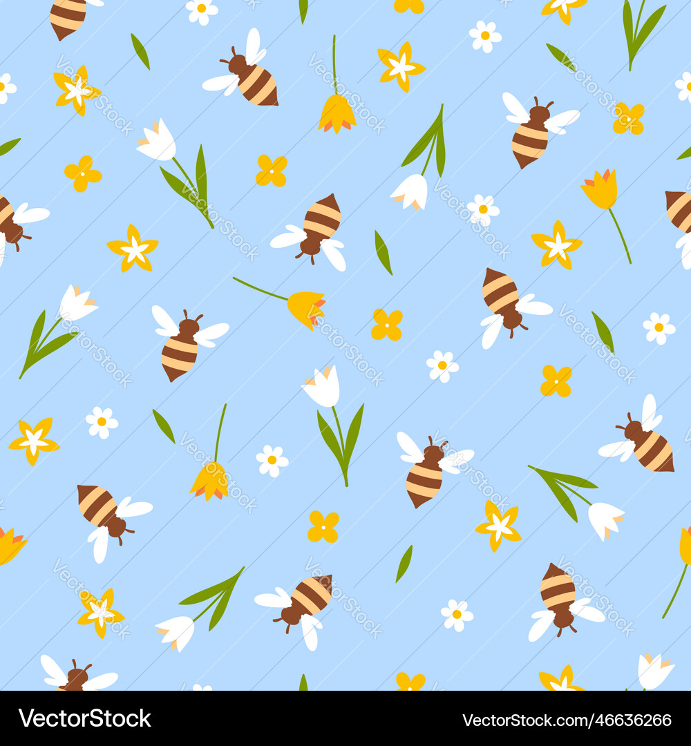 Seamless pattern of bees and flowers Royalty Free Vector