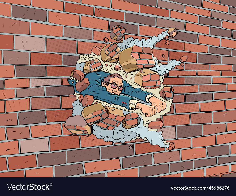 A man in suit and glasses destroys brick wall Vector Image A man in suit and glasses destroys brick wall Vector Image