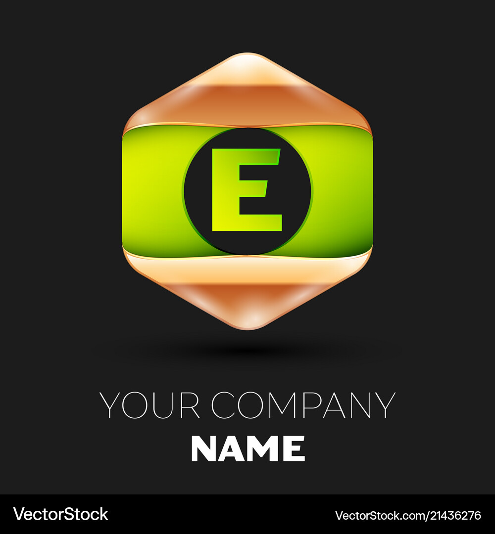 Green letter e logo in golden-green hexagonal Vector Image