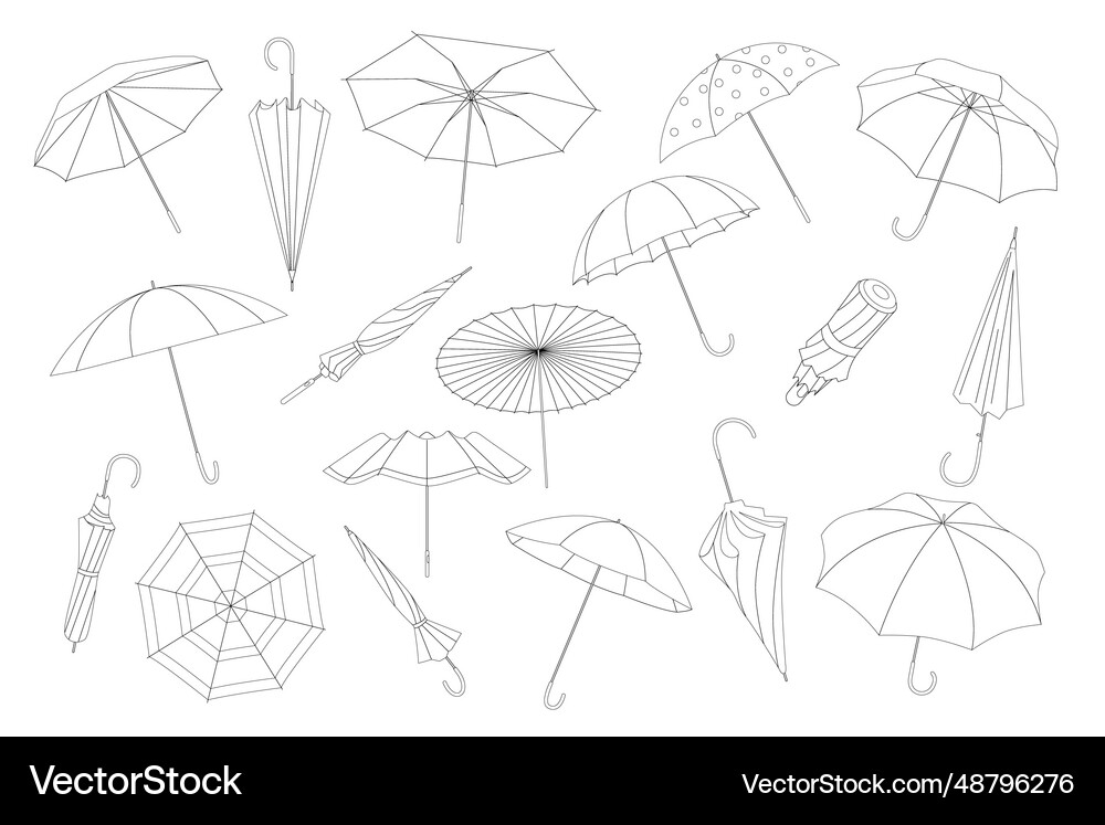 Umbrellas black line icons set doodle style open Vector Image