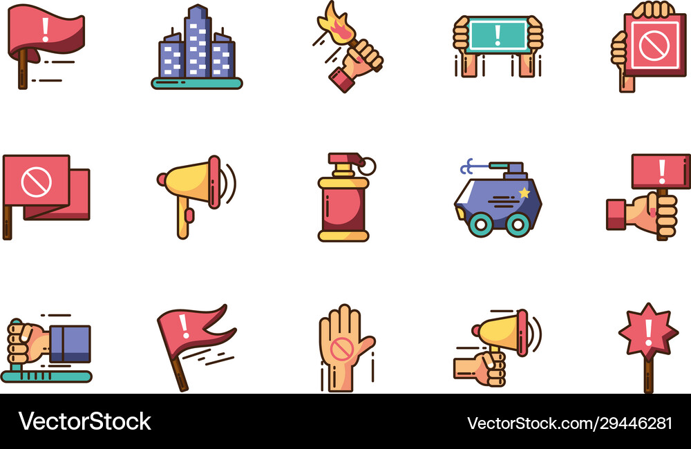 Cartoon icon set protest concept colorful fill Vector Image