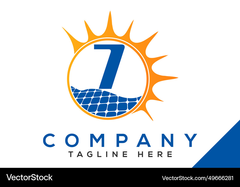 Letter 7 with solar panel and sun sign logo Vector Image