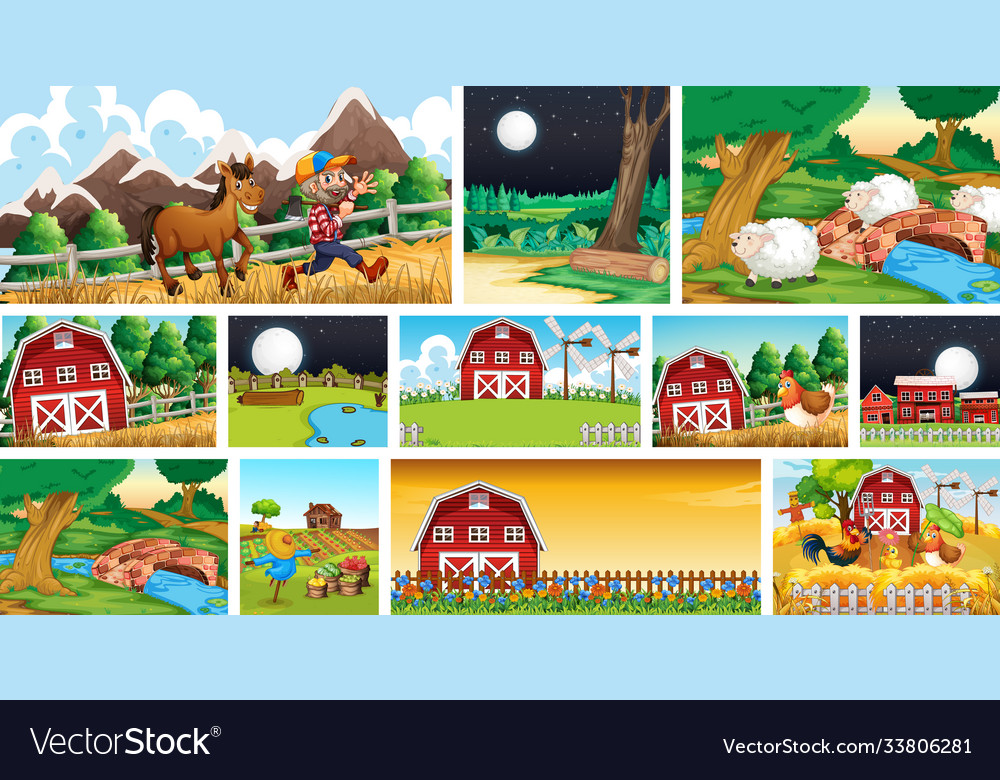 Set different farm scenes with animal farm Vector Image
