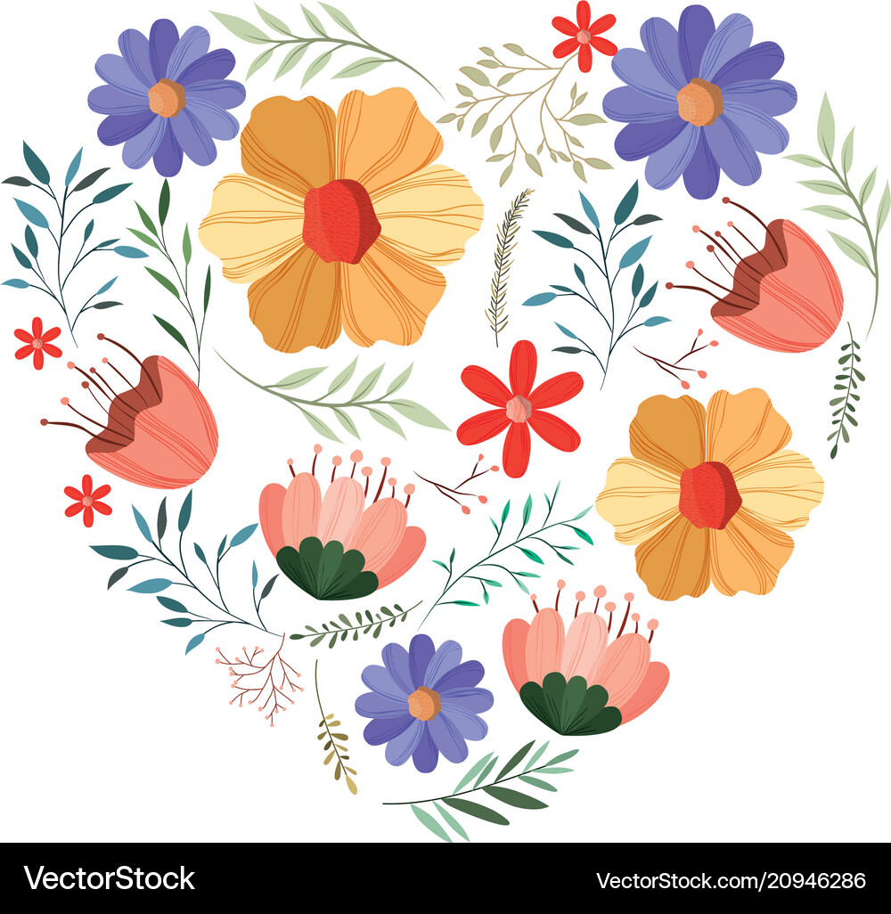 Flowers and leafs garden with heart shape Vector Image