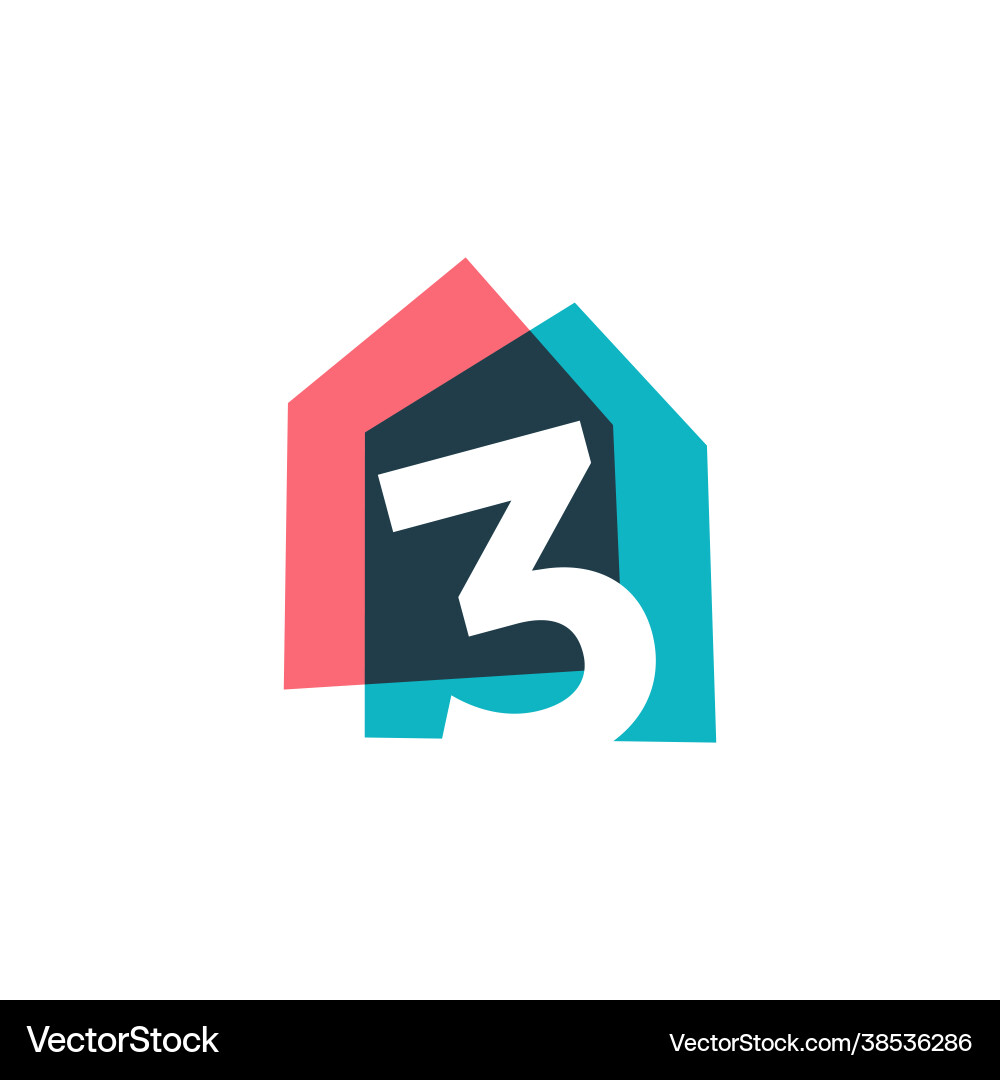 Number three 3 house home overlapping color logo Vector Image