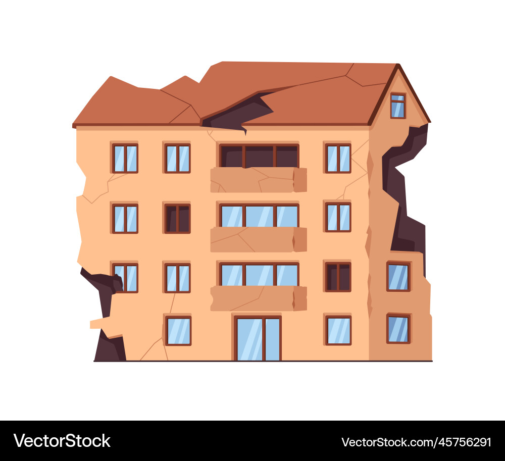 Damaged building facade with broken roof Vector Image