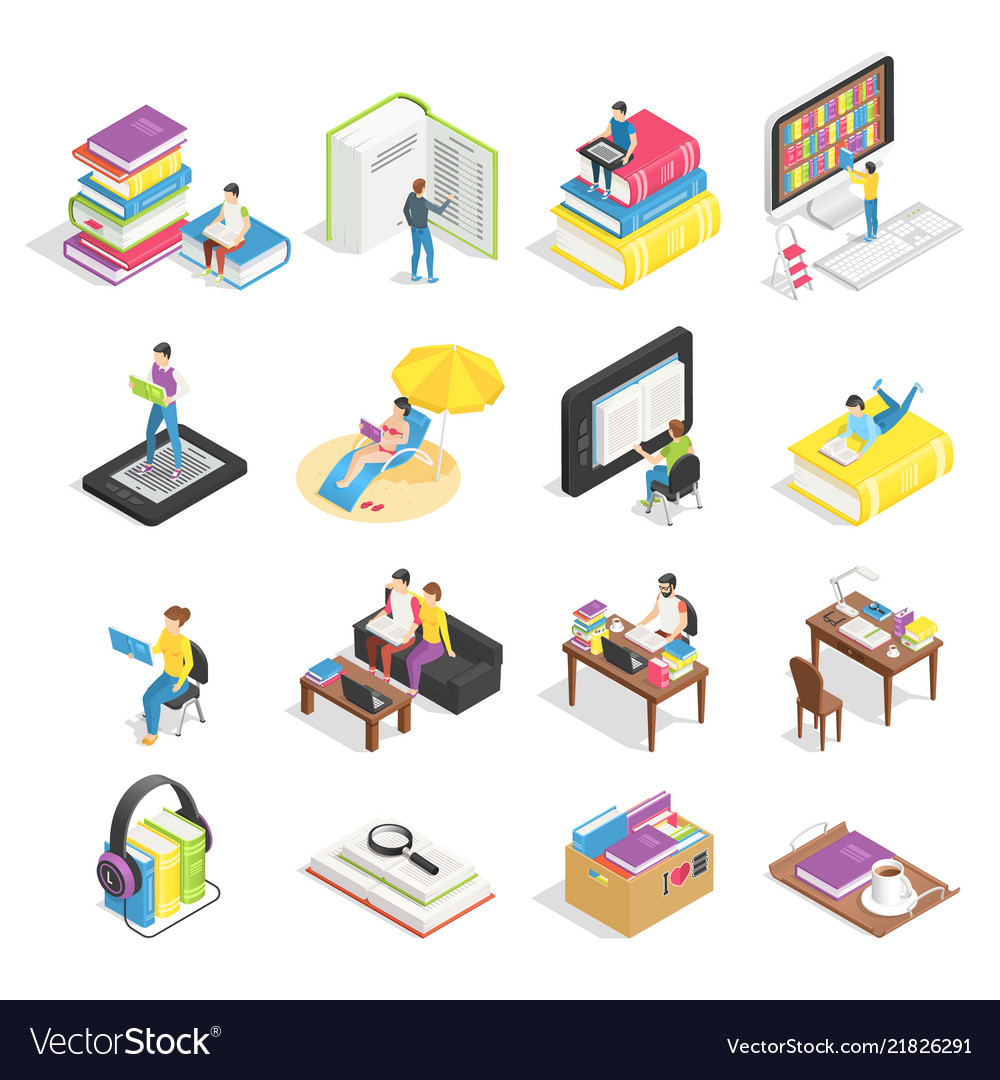 Isometric book set reading books textbooks Vector Image