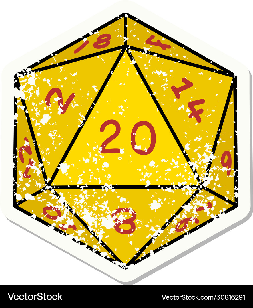 Natural 20 d20 dice roll grunge sticker Royalty Free Vector