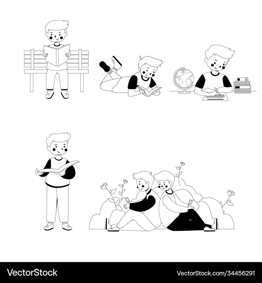 Set cute kid boy reading a book outline Royalty Free Vector