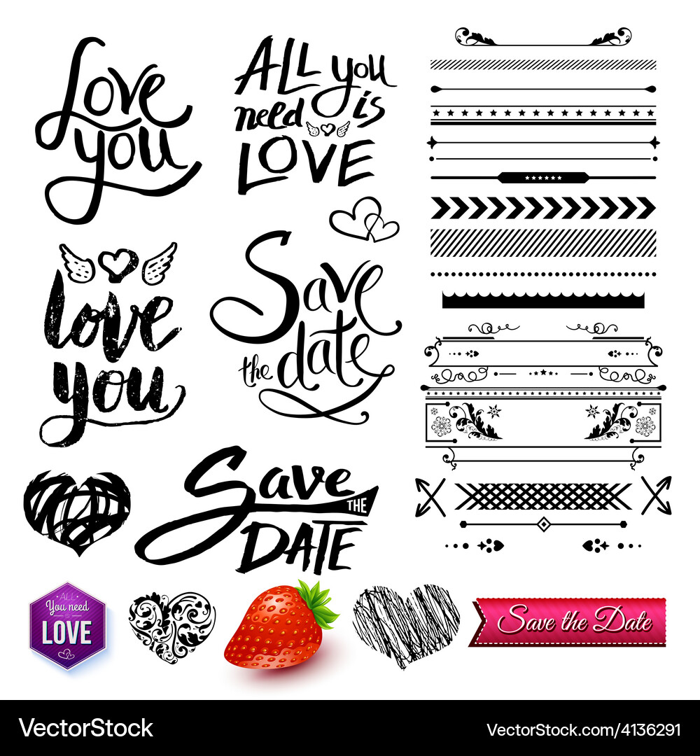 Set love texts borders and symbols on white Vector Image