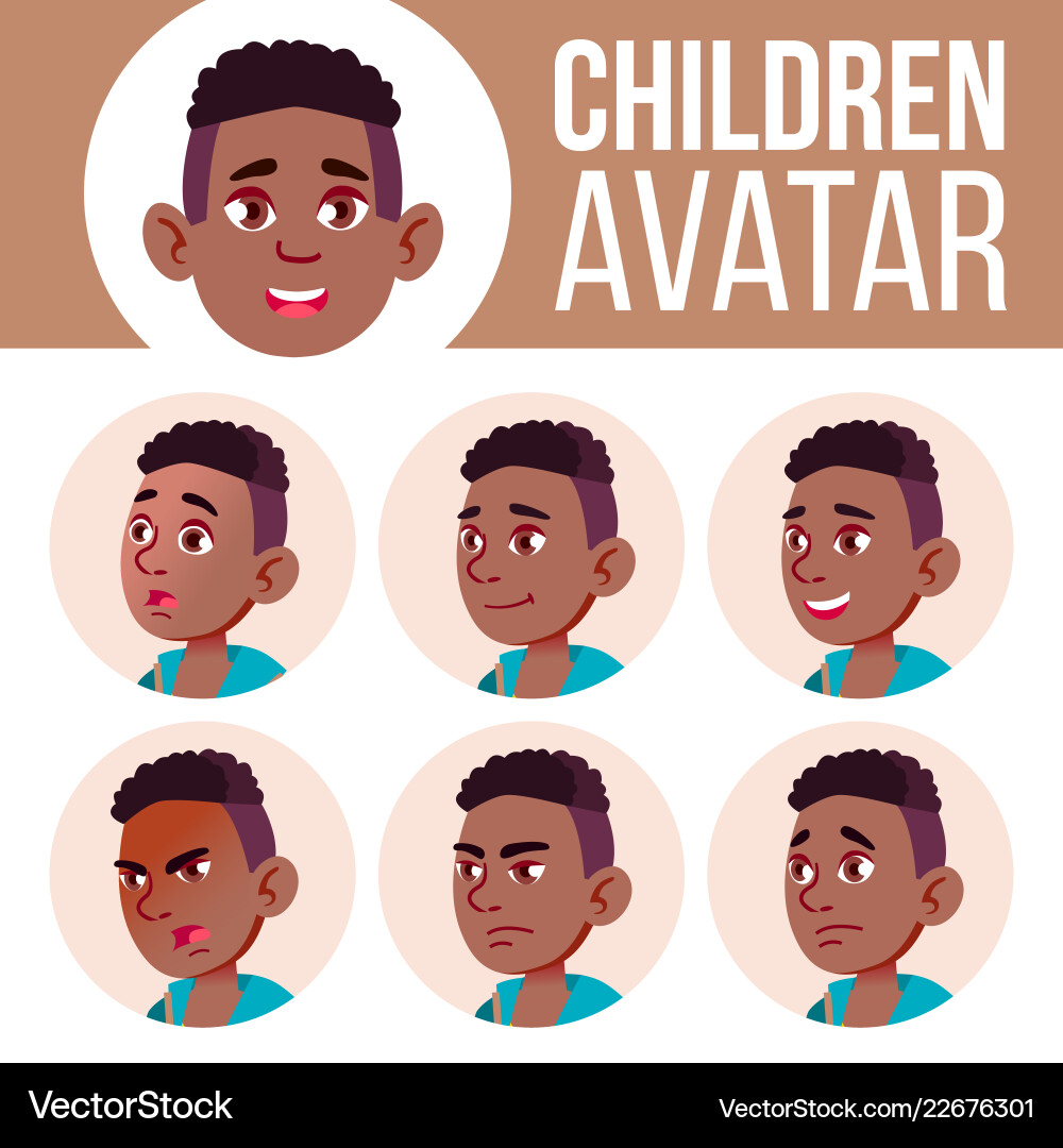 Boy avatar set kid black afro american Royalty Free Vector