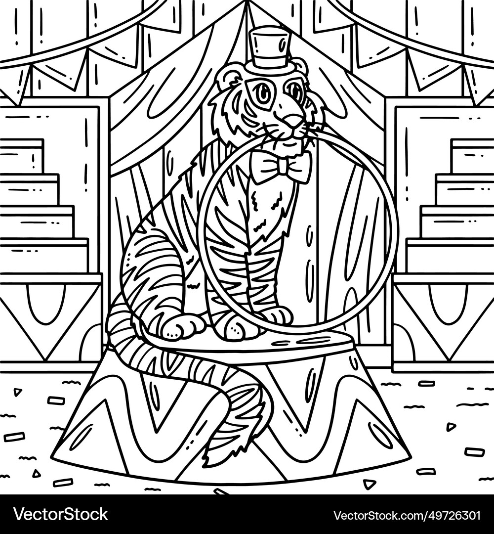 Circus tiger biting a hula hoop coloring page Vector Image