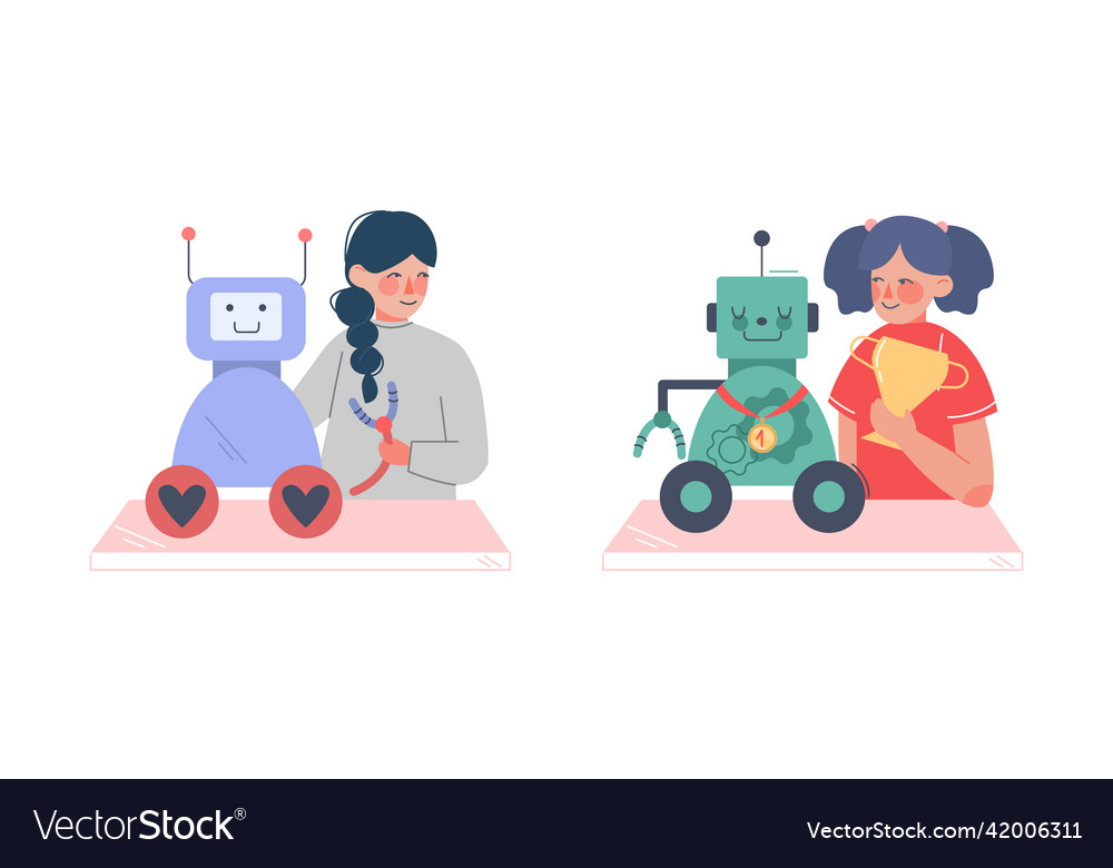 Girls making and programming robots set robotics Vector Image
