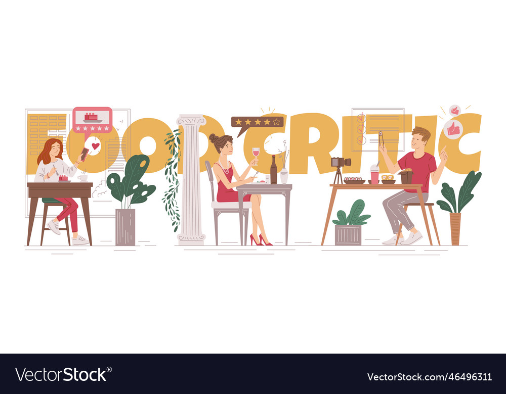 Huge food critic text and working people flat Vector Image