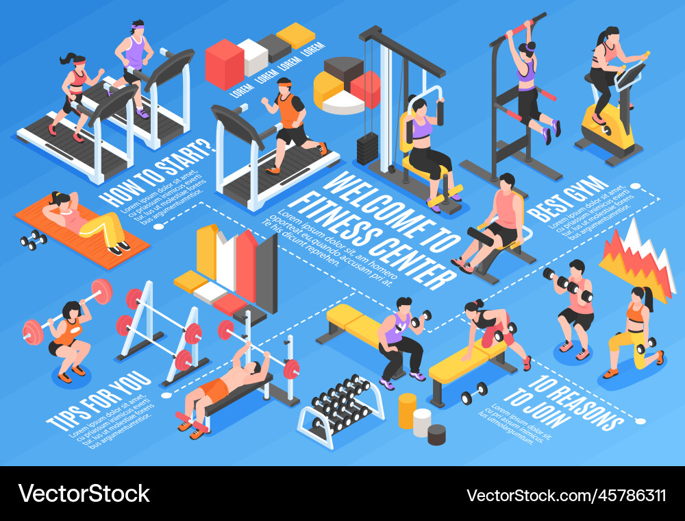 Isometric gym fitness flowchart Royalty Free Vector Image