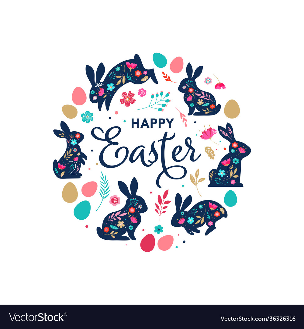 Happy easter bunnies flowers and eggs folk Vector Image