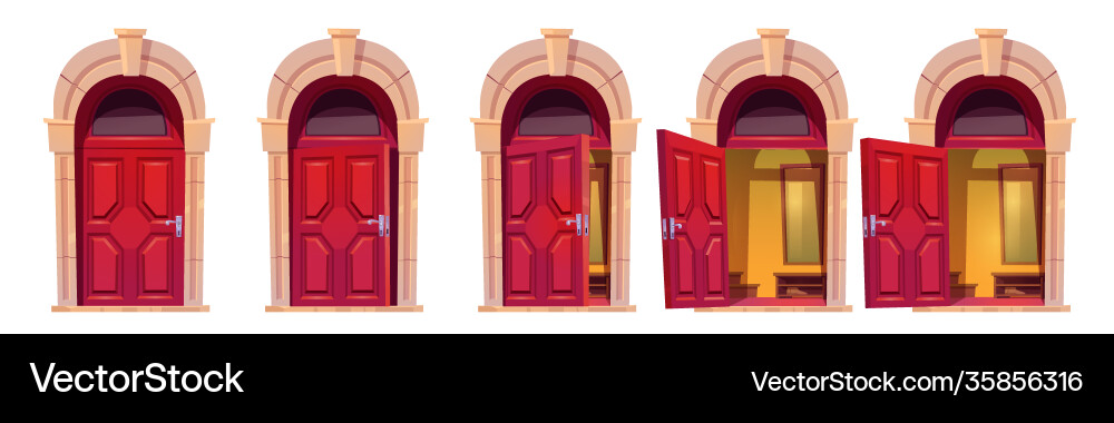 Opening red front door with stone arch Royalty Free Vector