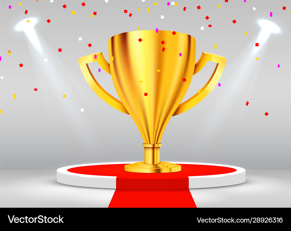 Realistic golden trophy on round podium Royalty Free Vector