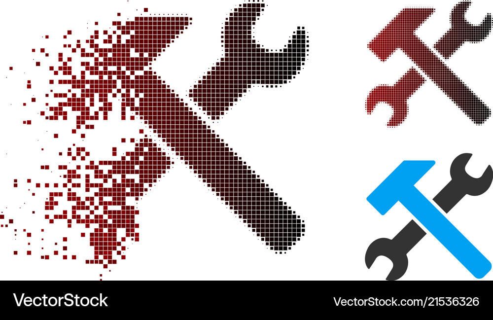 Damaged pixel halftone hammer and wrench icon Vector Image