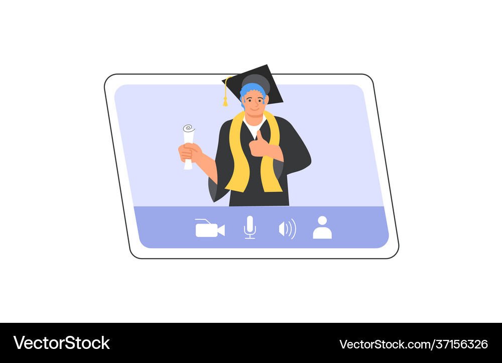 Happy graduate man on pc screen wearing academic Vector Image
