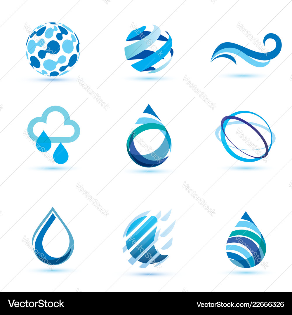 Set abstract blue symbols water drops and wave Vector Image