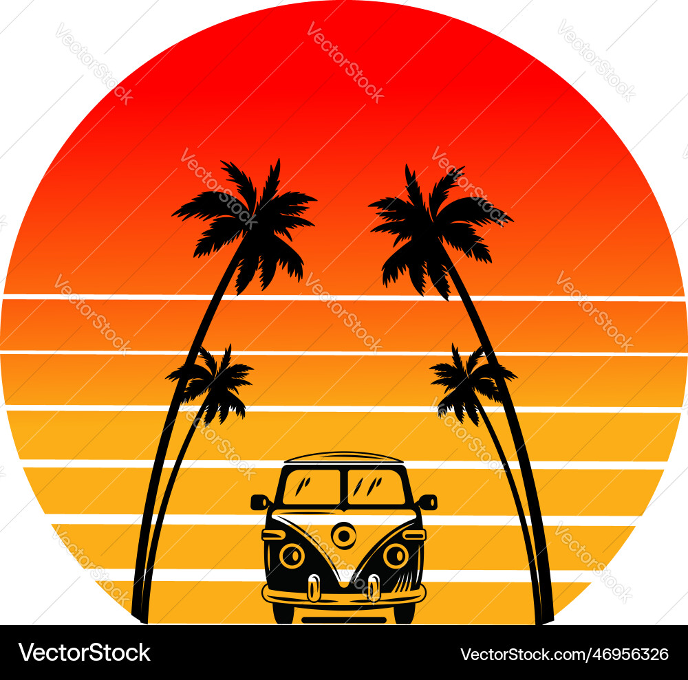 Sunset graphic wiyh van and palm tree Royalty Free Vector