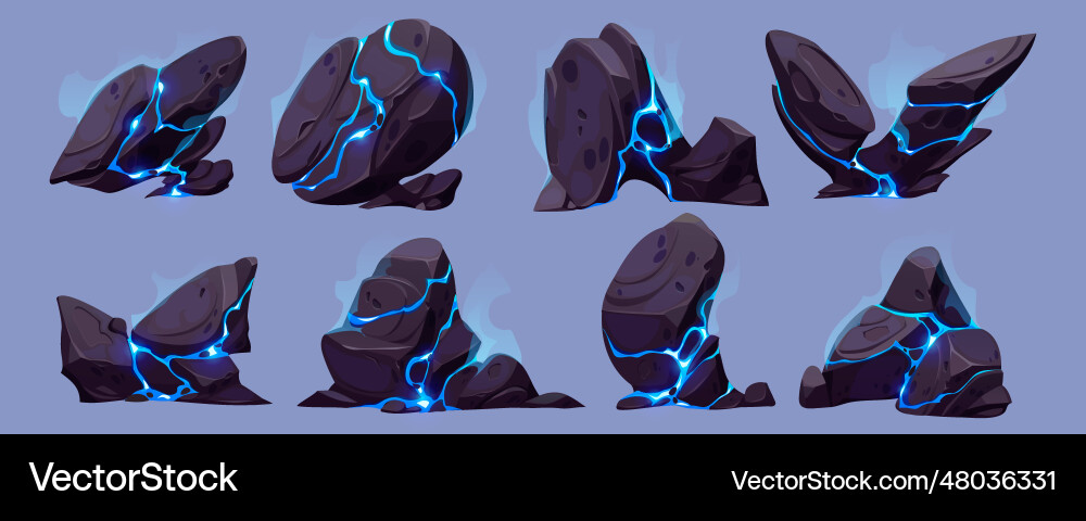 Blue cartoon rock boulder smoke from glow crack Vector Image