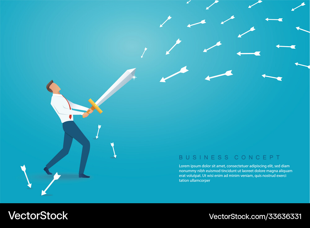 Businessman holding sword to protecting arrow down