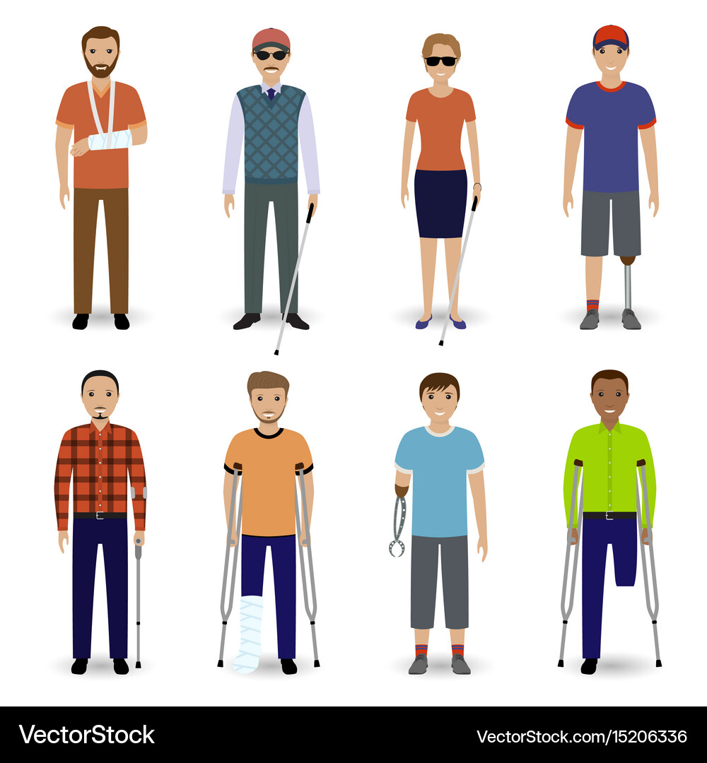 Group of eight different kind disability people Vector Image