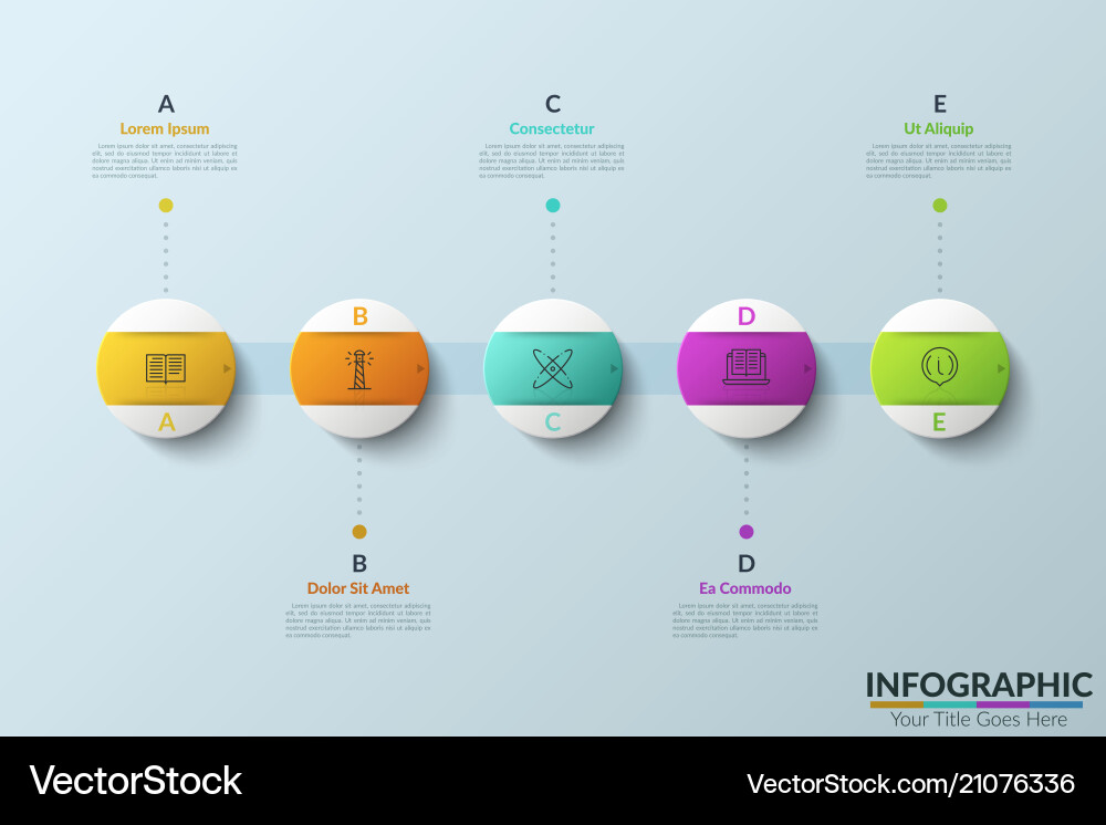 Row of 5 colorful round elements with thin line Vector Image