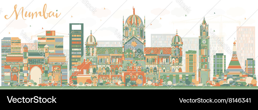 Abstract mumbai skyline with color landmarks Vector Image