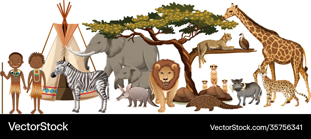 African tribe with group wild animal Royalty Free Vector